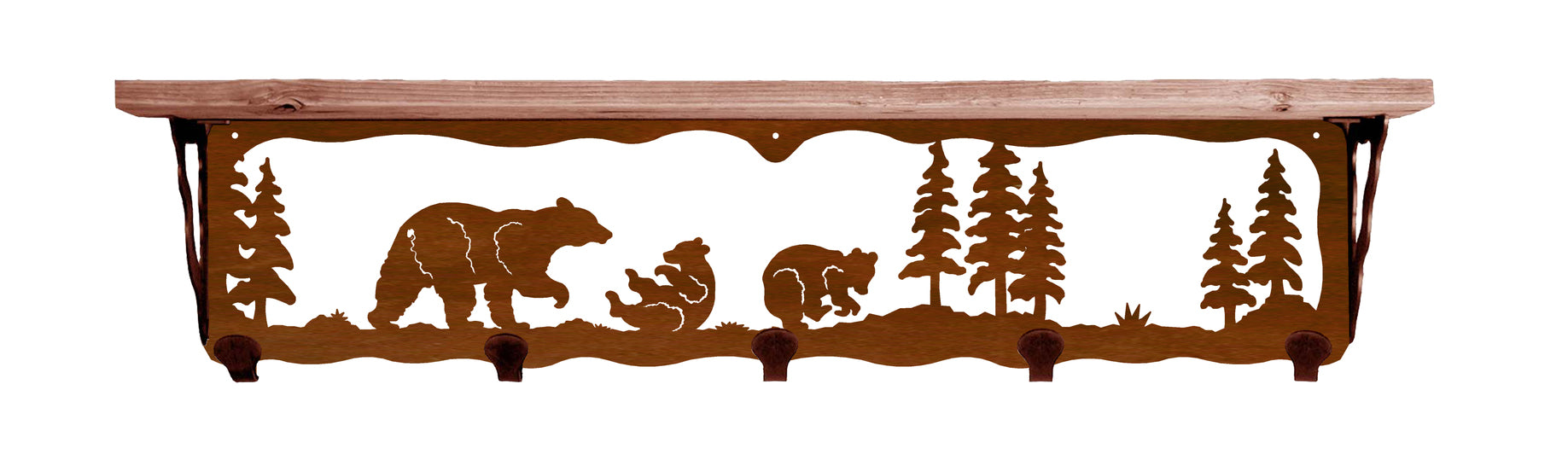 Bear Family Metal 34 Inch Wall Shelf with Hooks – Inspired by the Outdoors